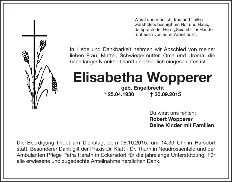Traueranzeigen von Elisabetha Wopperer | Nordbayerischer Kurier