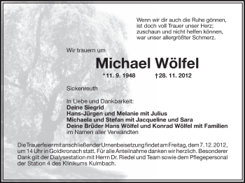 Traueranzeigen von Michael Wölfel | Nordbayerischer Kurier
