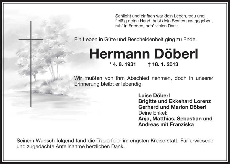 Traueranzeigen von Hermann Döberl | Nordbayerischer Kurier
