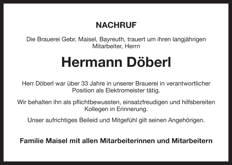 Traueranzeigen von Hermann Döberl | Nordbayerischer Kurier