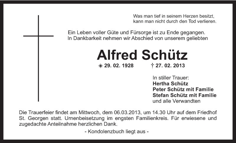 Traueranzeigen von Alfred Schütz | Nordbayerischer Kurier