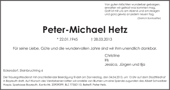 Traueranzeigen von Peter-Michael Hetz | Nordbayerischer Kurier