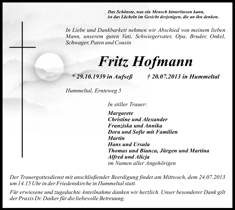 Traueranzeigen von Fritz Hofmann | Nordbayerischer Kurier