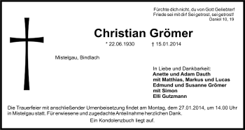 Traueranzeigen von Christian Grömer | Nordbayerischer Kurier