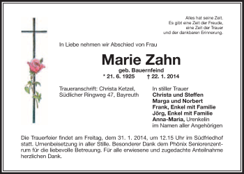Traueranzeigen von Marie Zahn | Nordbayerischer Kurier