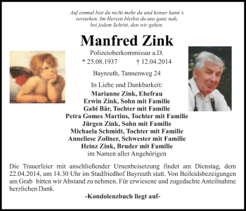 Traueranzeigen von Manfred Zink | Nordbayerischer Kurier