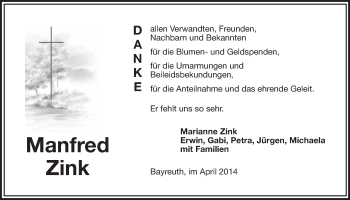 Traueranzeigen von Manfred Zink | Nordbayerischer Kurier