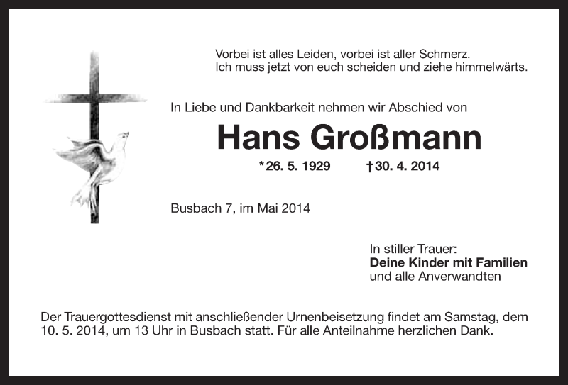 Traueranzeigen von Hans Großmann | Nordbayerischer Kurier
