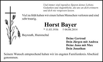 Traueranzeigen von Horst Bayer | Nordbayerischer Kurier