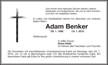 Traueranzeigen von Adam Benker | Nordbayerischer Kurier