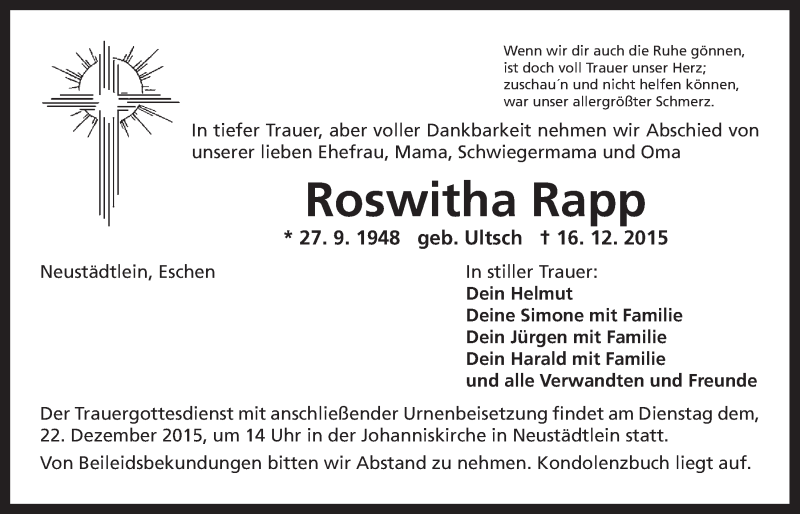 Traueranzeigen von Roswitha Rapp | Nordbayerischer Kurier