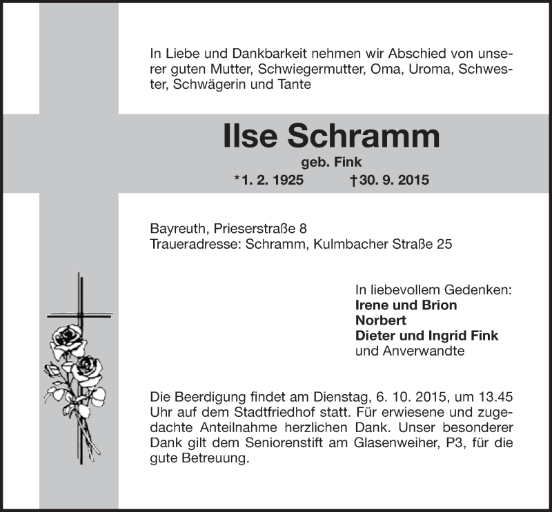 Traueranzeigen von Ilse Schramm | Nordbayerischer Kurier