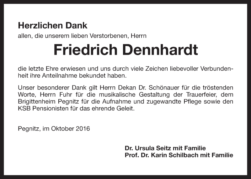 Traueranzeigen von Friedrich Dennhardt | Nordbayerischer Kurier
