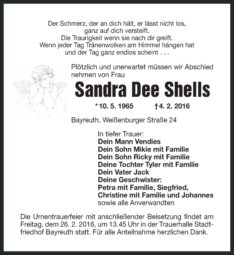 Traueranzeigen von Sandra Dee Shells | Nordbayerischer Kurier