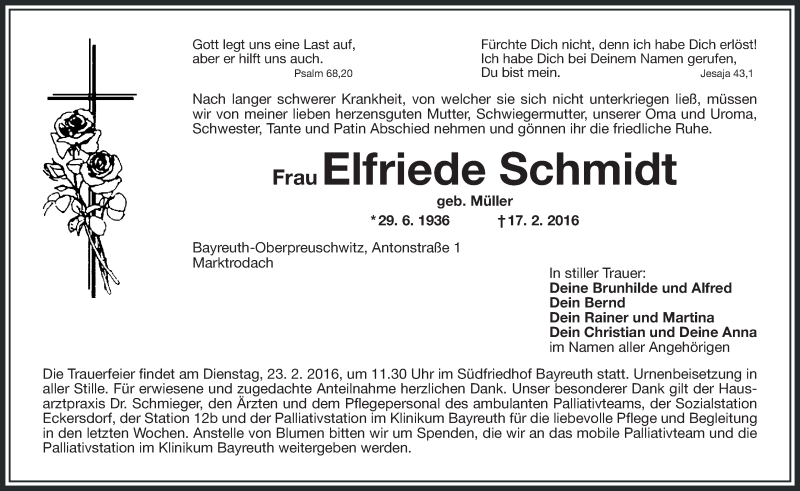 Traueranzeigen von Elfriede Schmidt | Nordbayerischer Kurier