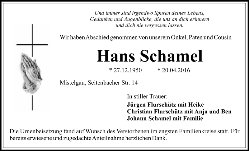 Traueranzeigen von Hans Schamel | Nordbayerischer Kurier