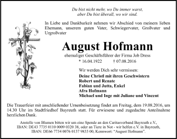 Traueranzeigen von August Hofmann | Nordbayerischer Kurier