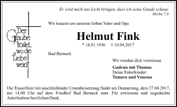 Traueranzeigen von Helmut Fink | Nordbayerischer Kurier