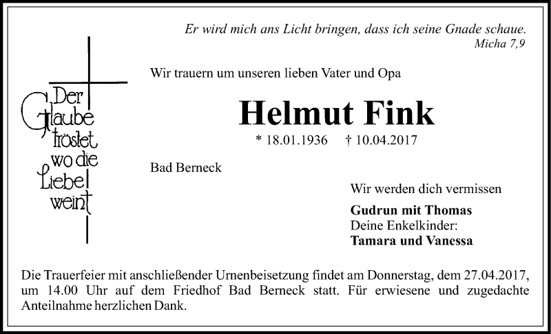 Traueranzeigen von Helmut Fink | Nordbayerischer Kurier