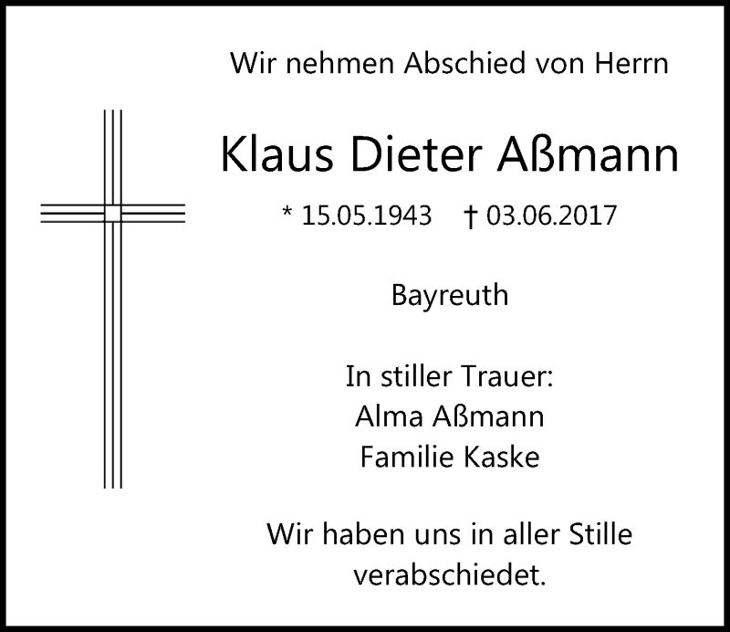 Traueranzeigen von Klaus Dieter Aßmann | Nordbayerischer Kurier