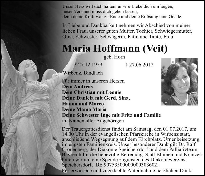 Traueranzeigen von Maria Hoffmann | Nordbayerischer Kurier