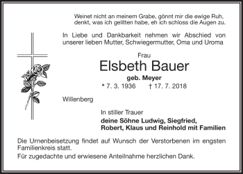 Traueranzeigen von Elsbeth Bauer | Nordbayerischer Kurier