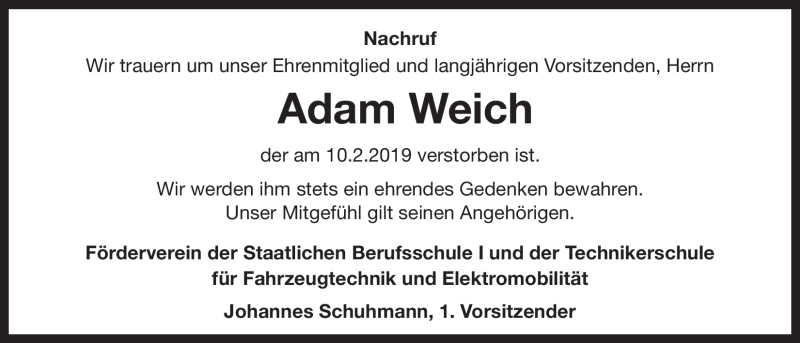 Traueranzeigen von Adam Weich | Nordbayerischer Kurier