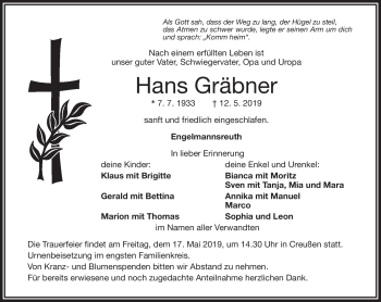 Traueranzeigen von Hans Gräbner | Nordbayerischer Kurier