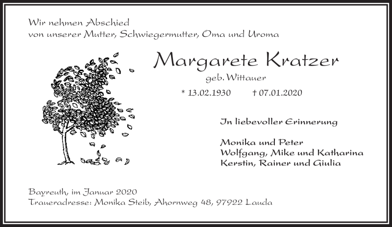Traueranzeigen von Margarete Kratzer | Nordbayerischer Kurier