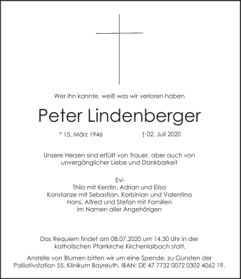 Traueranzeigen von Peter Lindenberger | Nordbayerischer Kurier