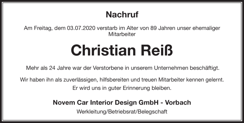 Traueranzeigen von Christian Reiß | Nordbayerischer Kurier
