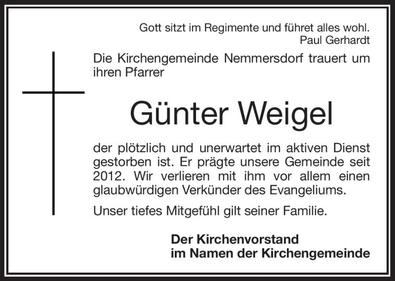 Traueranzeigen von Günter Weigel | Nordbayerischer Kurier