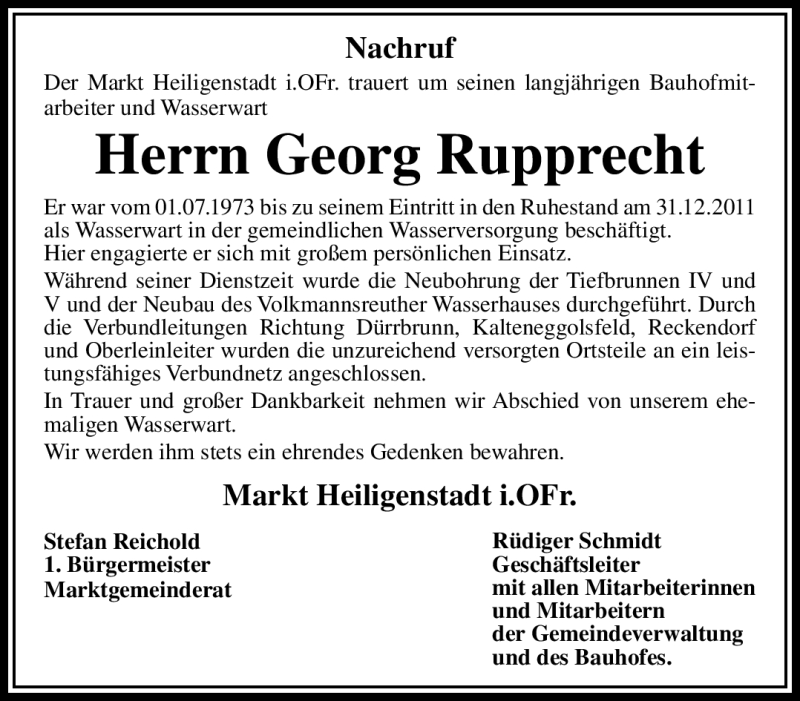 Traueranzeigen von Georg Rupprecht | Nordbayerischer Kurier