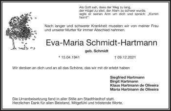 Traueranzeigen von Eva-Maria Schmidt-Hartmann | Nordbayerischer Kurier