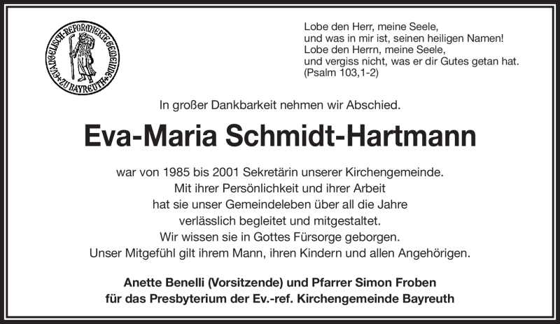 Traueranzeigen von Eva-Maria Schmidt-Hartmann | Nordbayerischer Kurier