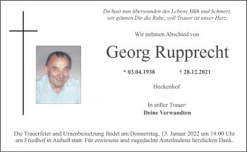 Traueranzeigen von Georg Rupprecht | Nordbayerischer Kurier