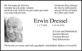 Traueranzeigen von Erwin Dressel | Nordbayerischer Kurier