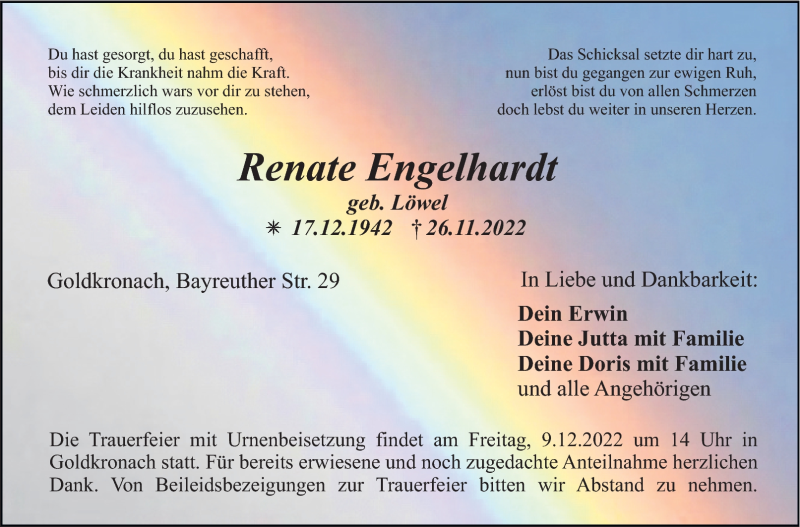 Traueranzeigen von Renate Engelhardt | Nordbayerischer Kurier