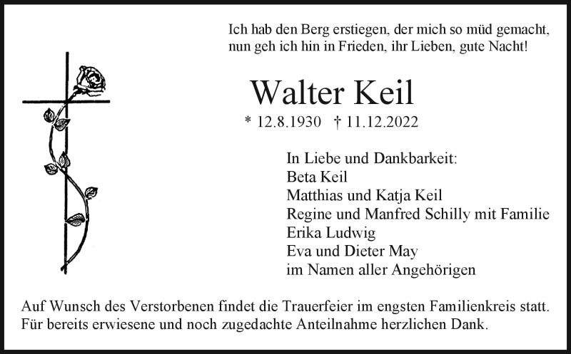 Traueranzeigen von Walter Keil | Nordbayerischer Kurier