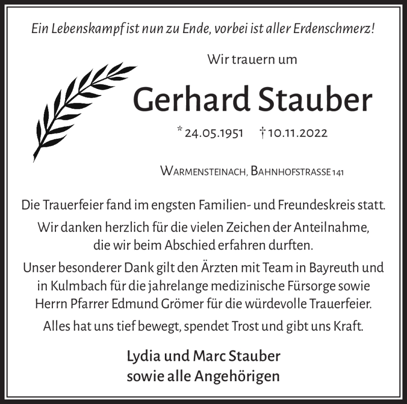 Traueranzeigen von Gerhard Stauber | Nordbayerischer Kurier