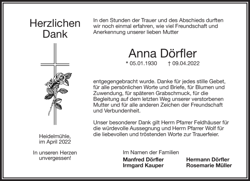 Traueranzeigen von Anna Dörfler | Nordbayerischer Kurier