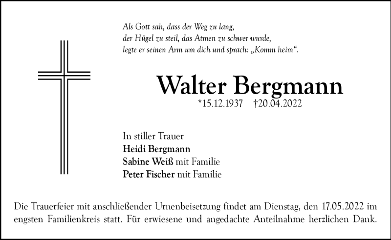 Traueranzeigen von Walter Bergmann | Nordbayerischer Kurier