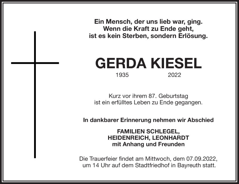 Traueranzeigen von Gerda Kiesel | Nordbayerischer Kurier