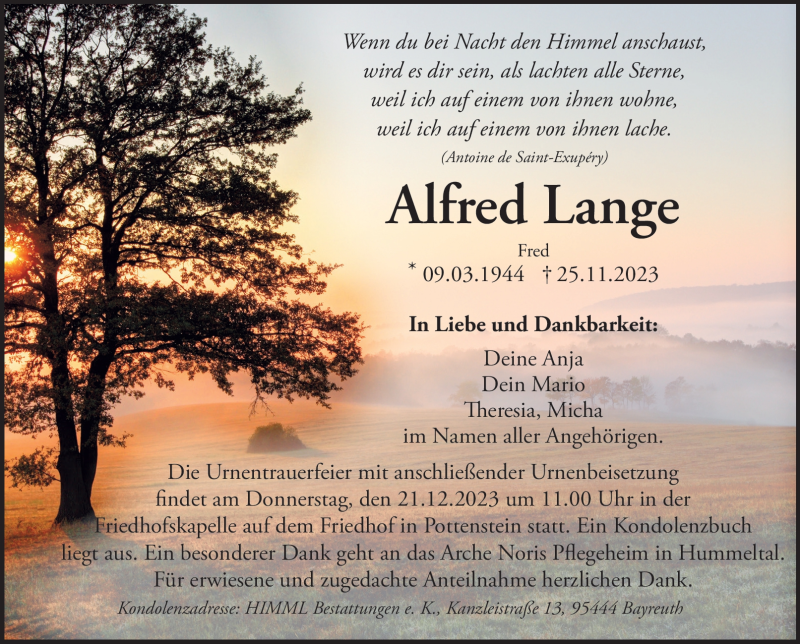 Traueranzeigen von Alfred Lange | Nordbayerischer Kurier