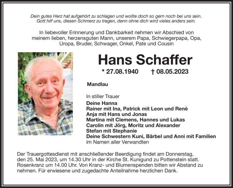 Traueranzeigen von Hans Schaffer | Nordbayerischer Kurier