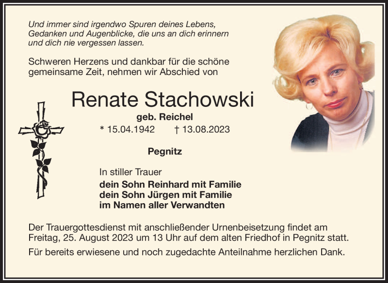 Traueranzeigen von Renate Stachowski | Nordbayerischer Kurier