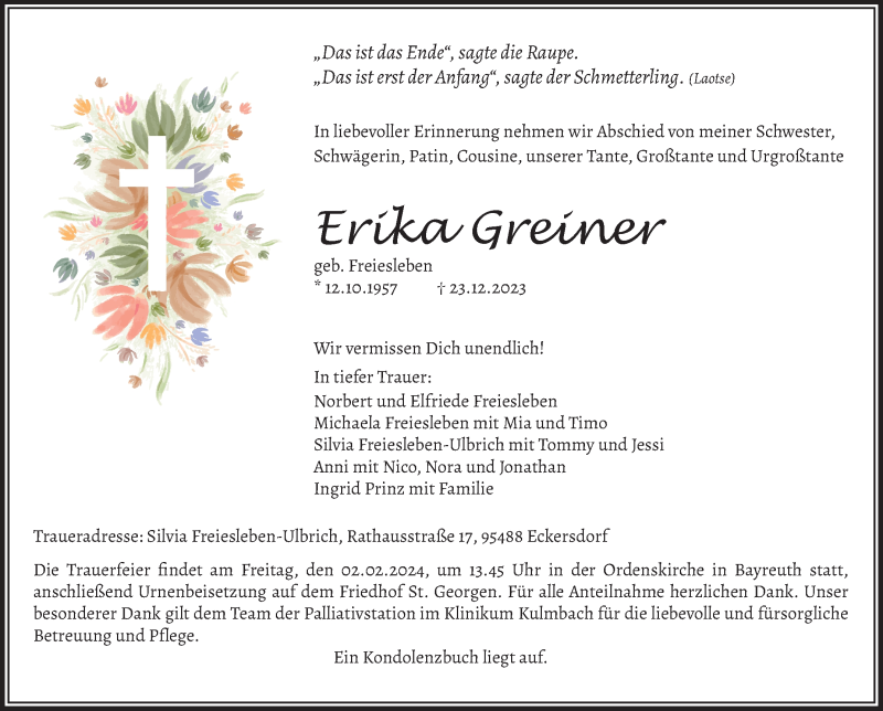 Traueranzeigen von Erika Greiner | Nordbayerischer Kurier