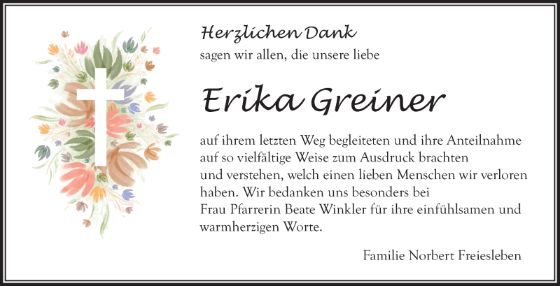 Traueranzeigen von Erika Greiner | Nordbayerischer Kurier