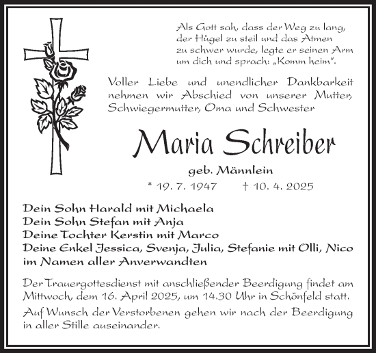 Traueranzeigen von Maria Schreiber | Nordbayerischer Kurier