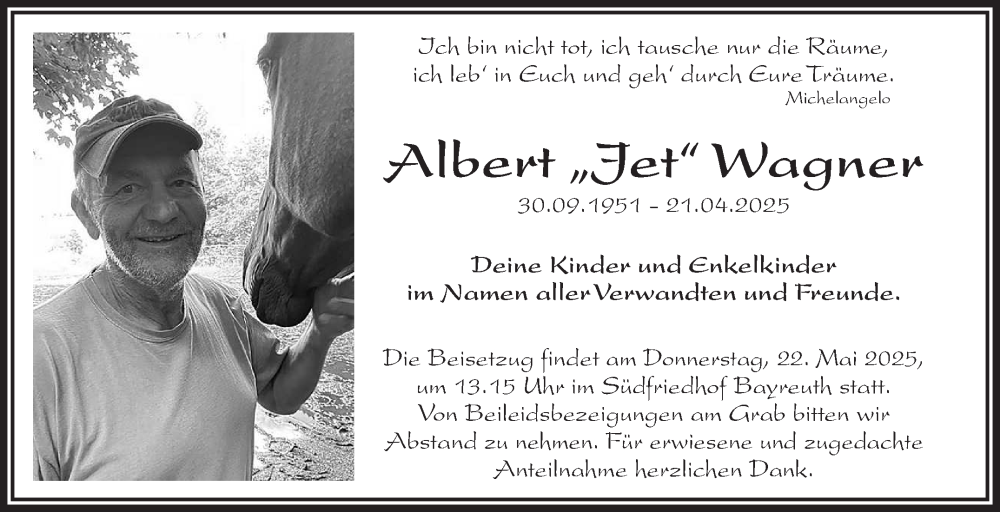 Traueranzeigen von Albert Jet Wagner | Nordbayerischer Kurier